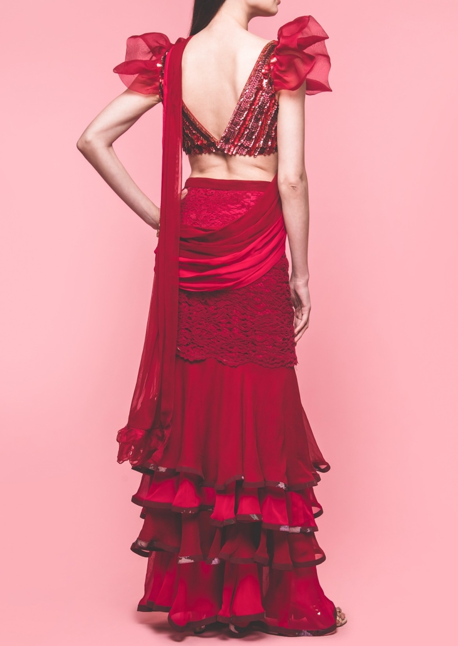 Buy Red Stitched Ruffle Saree Online on Fresh Look Fashion