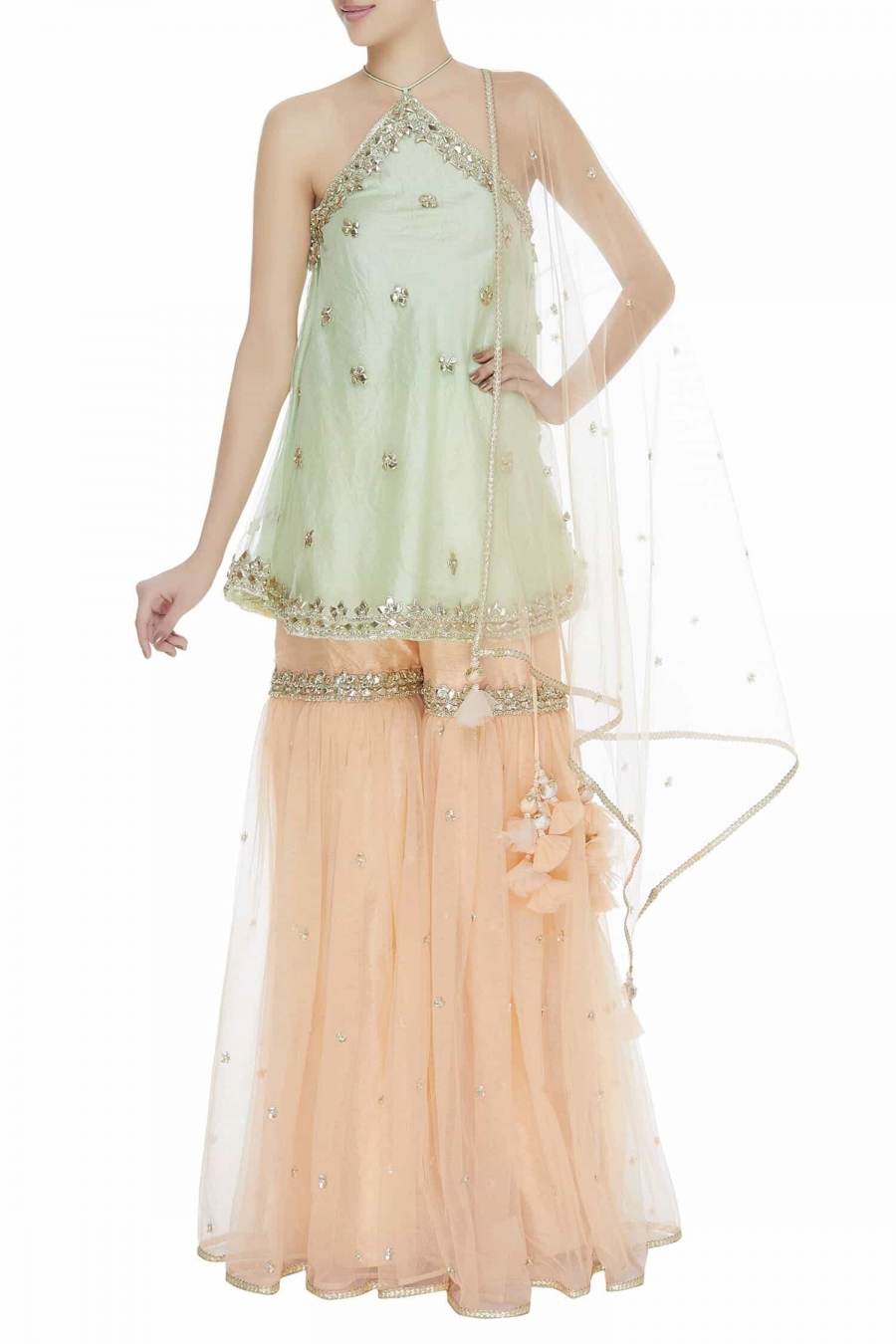 Buy Peach Puff And Pastel Green Color Sharara Suit Online on Fresh Look ...
