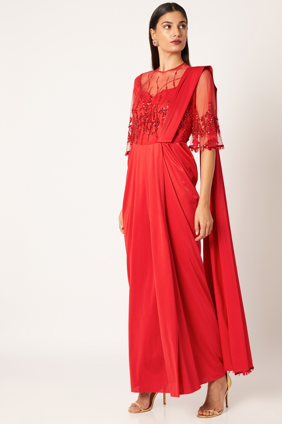 Buy Red Color Pre Drape Saree Gown Online on Fresh Look Fashion