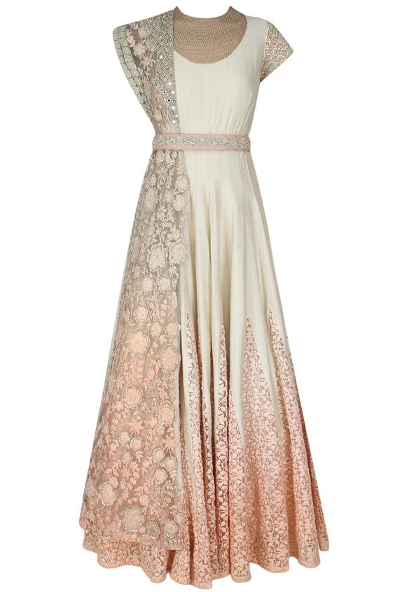 Buy White And Peach Color Long Dress With Dupatta Online on Fresh Look ...