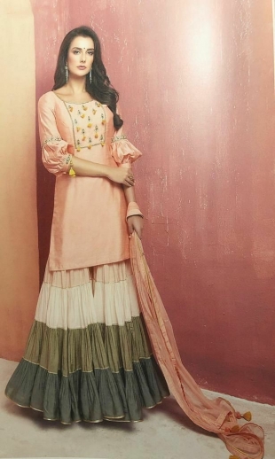 Buy Peach And Green Color Sharara Suit Online on Fresh Look Fashion
