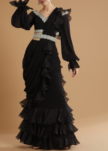 Buy Black Color Ruffle Saree Online on Fresh Look Fashion